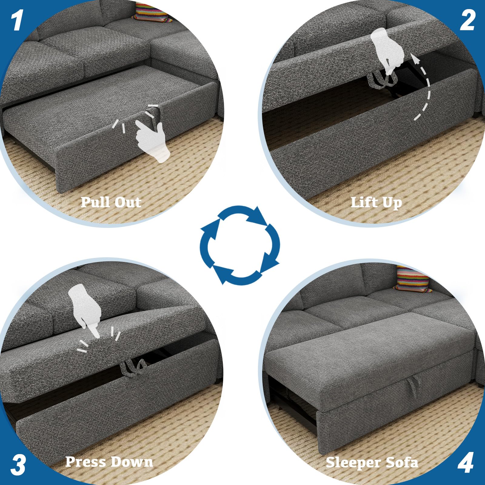 Belffin Modular Sectional Sleeper Sofa with Pull Out Bed and Storage Ottoman Convertible L Shape Sleeper Sectional Couch for Living Room Grey