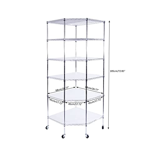 Cffuvros 6 Tiers Standing Corner Shelf, Adjustable Metal Storage Wire Shelving Unit Corner Rack Corner Shelving, with Wheels, for Restaurant,Living Room, Bathroom, Pantry,Kitchen