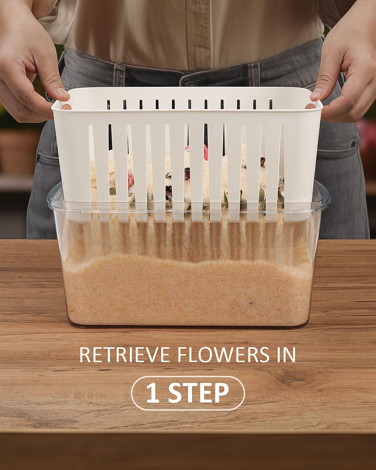 wisedry Silica Gel Flower Drying Container, One Step Retrieve Dried Flowers, 11.5''L X 7.7''W X 6''H Storage Box with Cleanup Mat, Erasable Pen & Adhesive Label (Silica Gel Crystals Not Included)