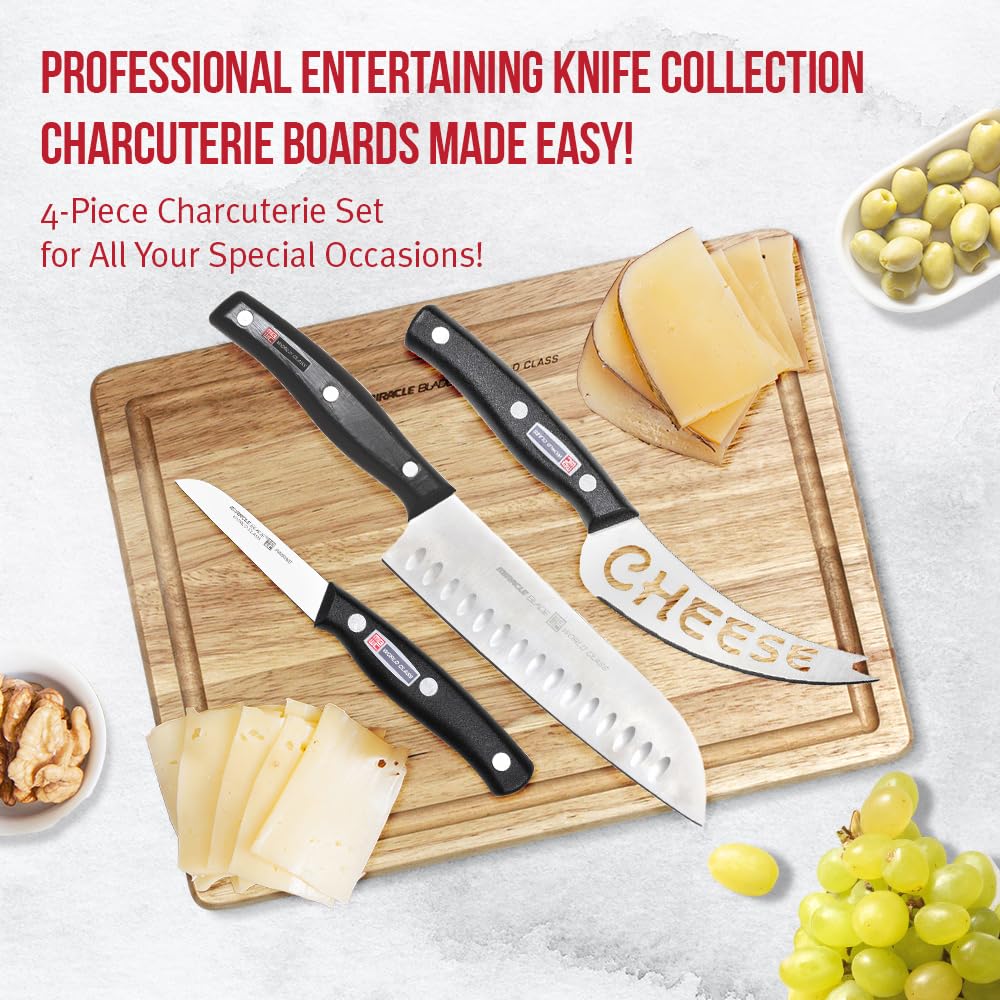 Miracle Blade World Class 4 Piece Professional Entertainment Charcuterie Knife Set with Acacia Wood Board