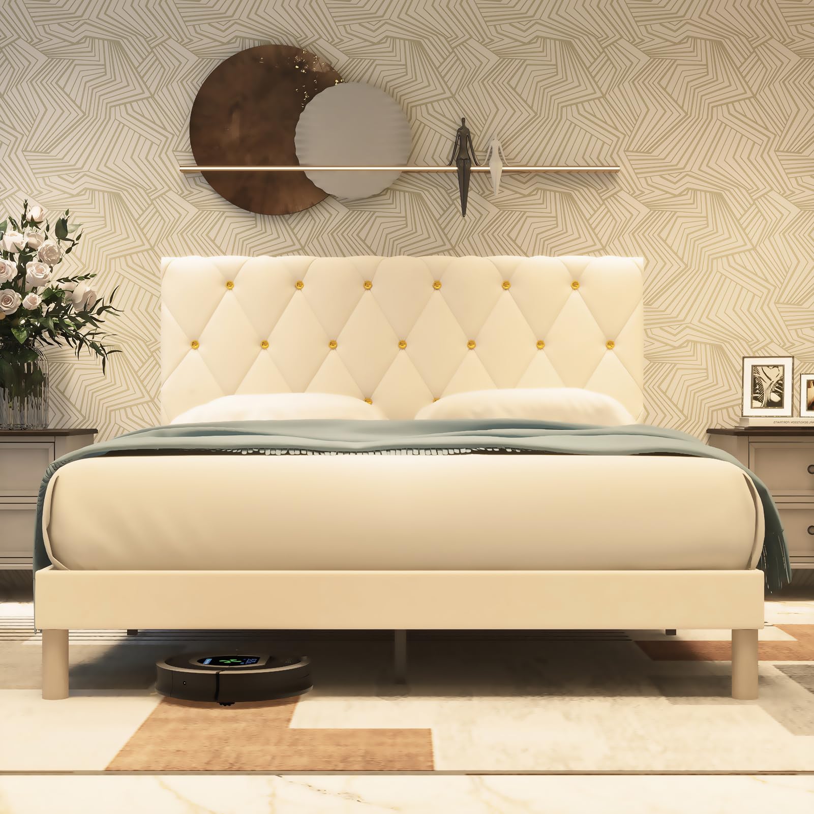 Mhjinuwet Queen Size Bed Frame, Velvet Upholstered Platform with Headboard, Easy Assembly, No Box Spring Needed, Non-Slip and Noise-Free with Strong Wooden Slats (Beige, Queen (U.S. Standard))