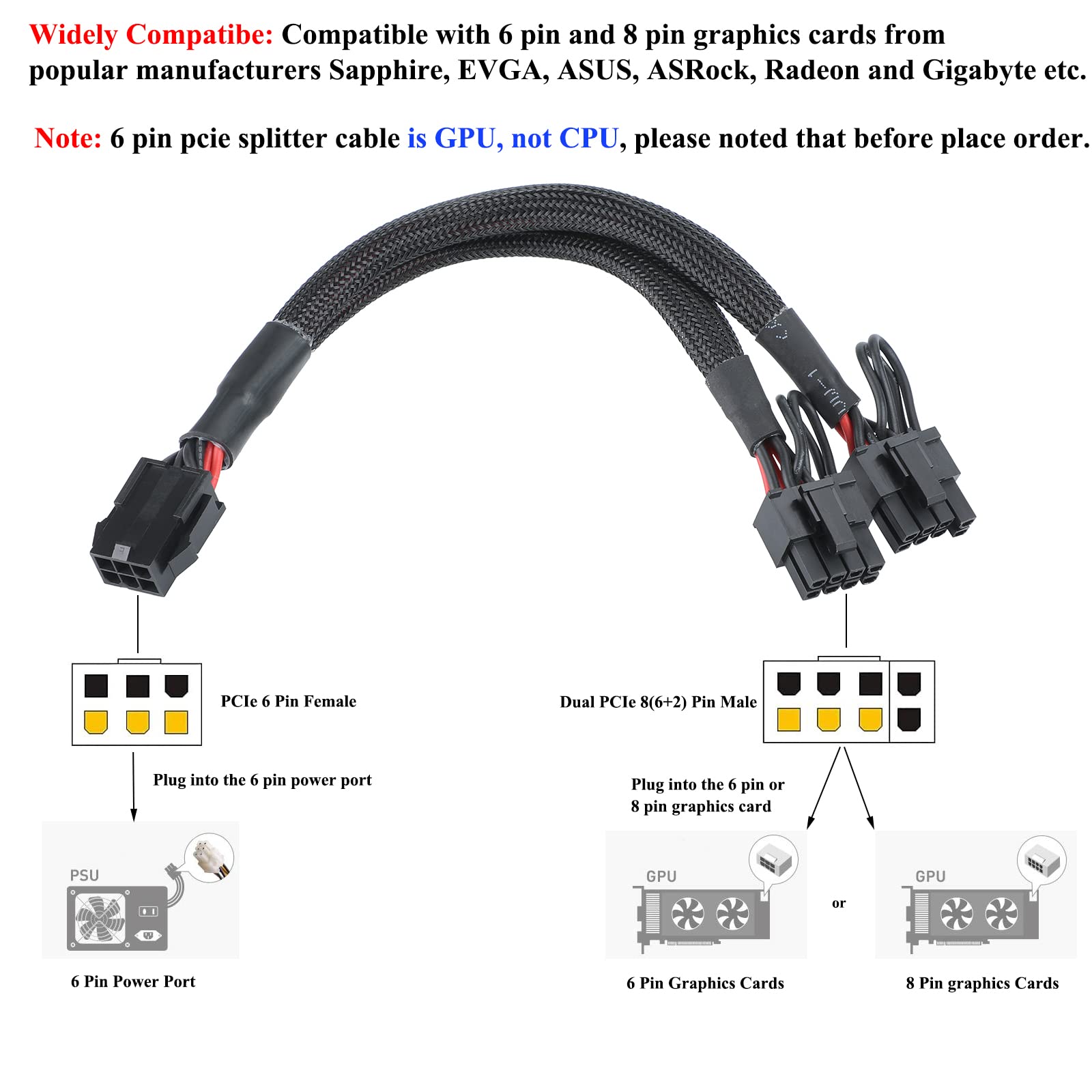 HuDieM PCIe 6 Pin to Dual 8 (6+2) Pin Splitter - GPU VGA Y-Splitter Extension Cable Mining Video Card Power Sleeved Connector Graphics Card PCI Express Power Supply Adapter - 6 Packs