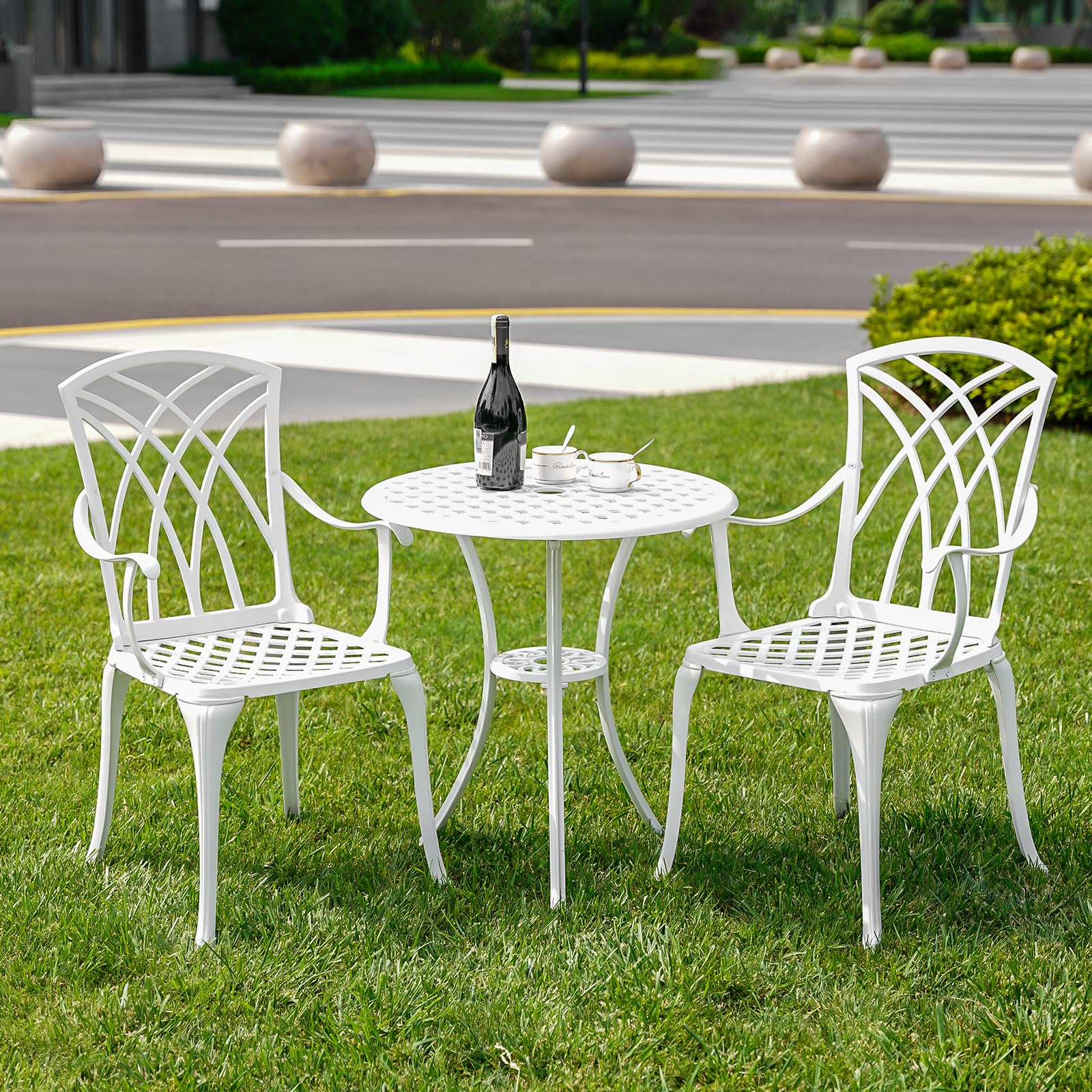PATIO-IN 3 Piece Patio Set Cast Aluminum Patio Furniture Outdoor Bistro Table Set with Adjustable Foot Cap,Metal Bistro Table and Chair Set of 2 for Front Porch,Garden,White