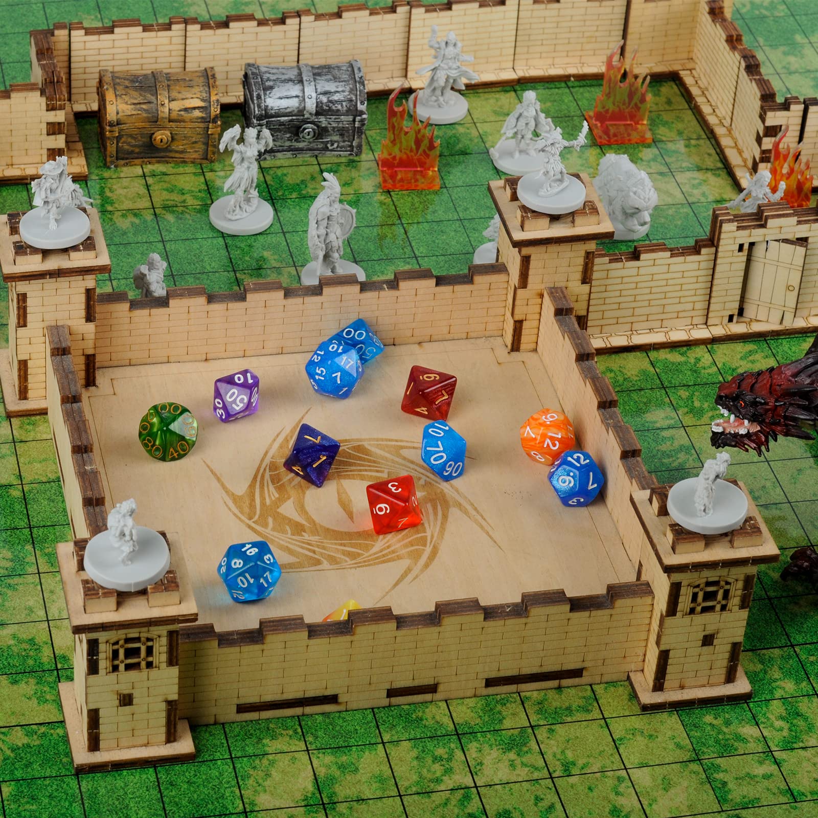 DIY Wood Square Dice Holder Cool 3D Castle Design Carved Dragon Eye - Easy Rolling Dice Tray for DND, RPG and Board Game