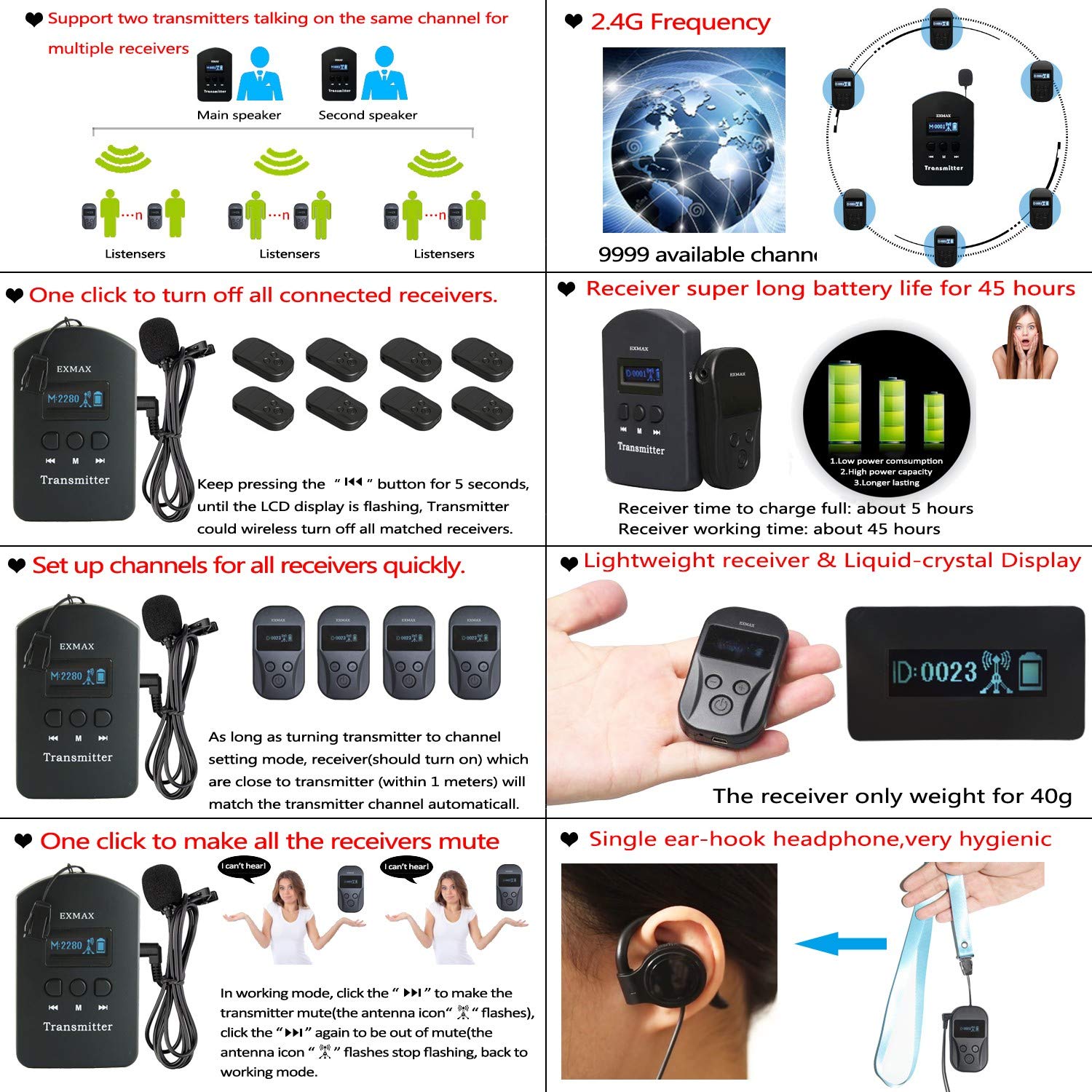 EXMAX EXD-101 2.4GHz Wireless Audio Tour Guide System 9999 Channels Hands-free Whisper Accoustic Transmission System for Training Conference Simultaneous interpretation(1 Transmitter & 1 Receiver)