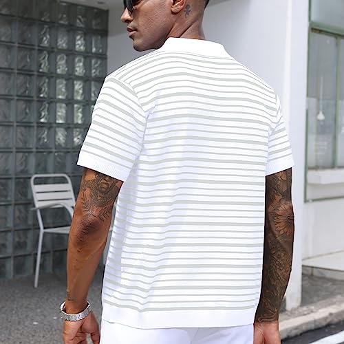 CTU Mens Fashion Polo Shirts Short Sleeve Lightweight Knitting Striped Golf Shirts Light Green 2XL