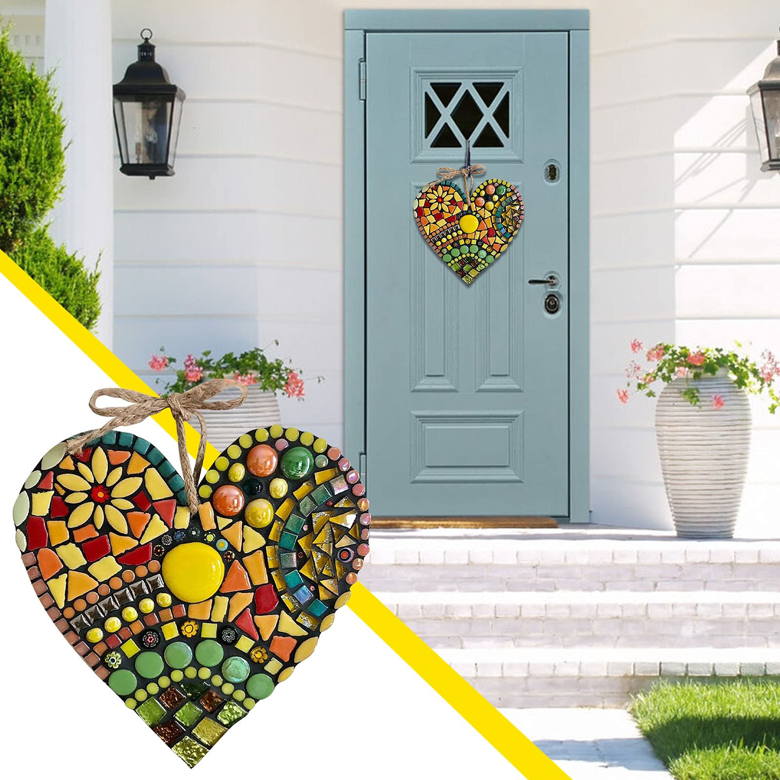 Mosaic Garden Heart Sculpture Decor Ornaments,Love Heart Ornaments,Rainbow Love Hanging Pendant Ornaments Heart Art Decor for Indoor Outdoor Wall Window Home Bedroom Office Living Room Garden