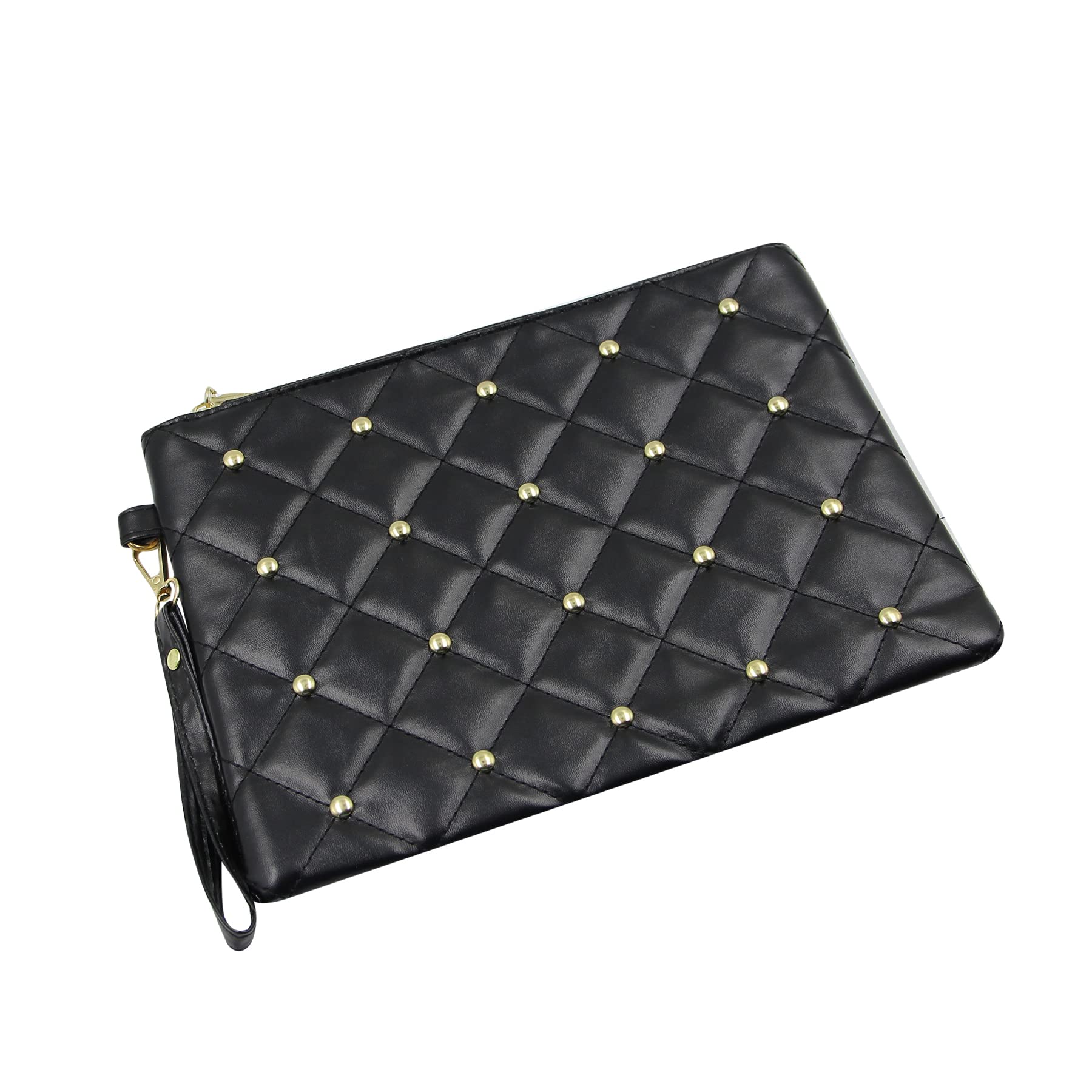 MOSSTYUS Women Wristlet Clutch Bag Purse Rhombus Rivets Handbag PU Leather Envelope Bag Large Wallets with Strap, Black