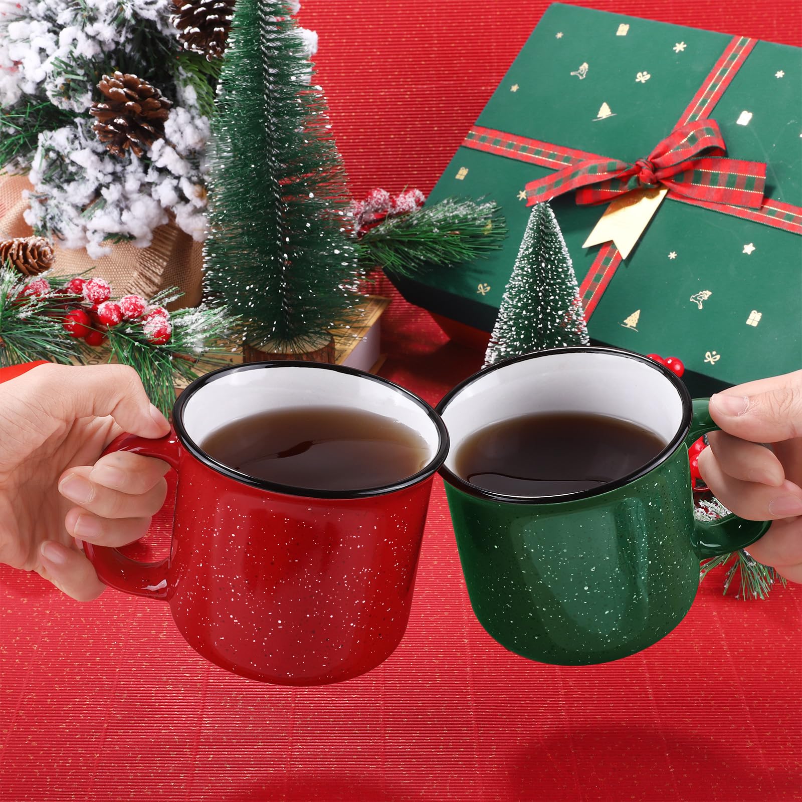 TURSTIN Set of 12 Ceramic Coffee Mugs 15 oz Speckled Christmas Red Green Campfire Camping Cups with Handle Stoneware Enamel Camping Mugs for Drinking, Coffee, Cocoa, Hot Chocolate Tea Campfire Gift