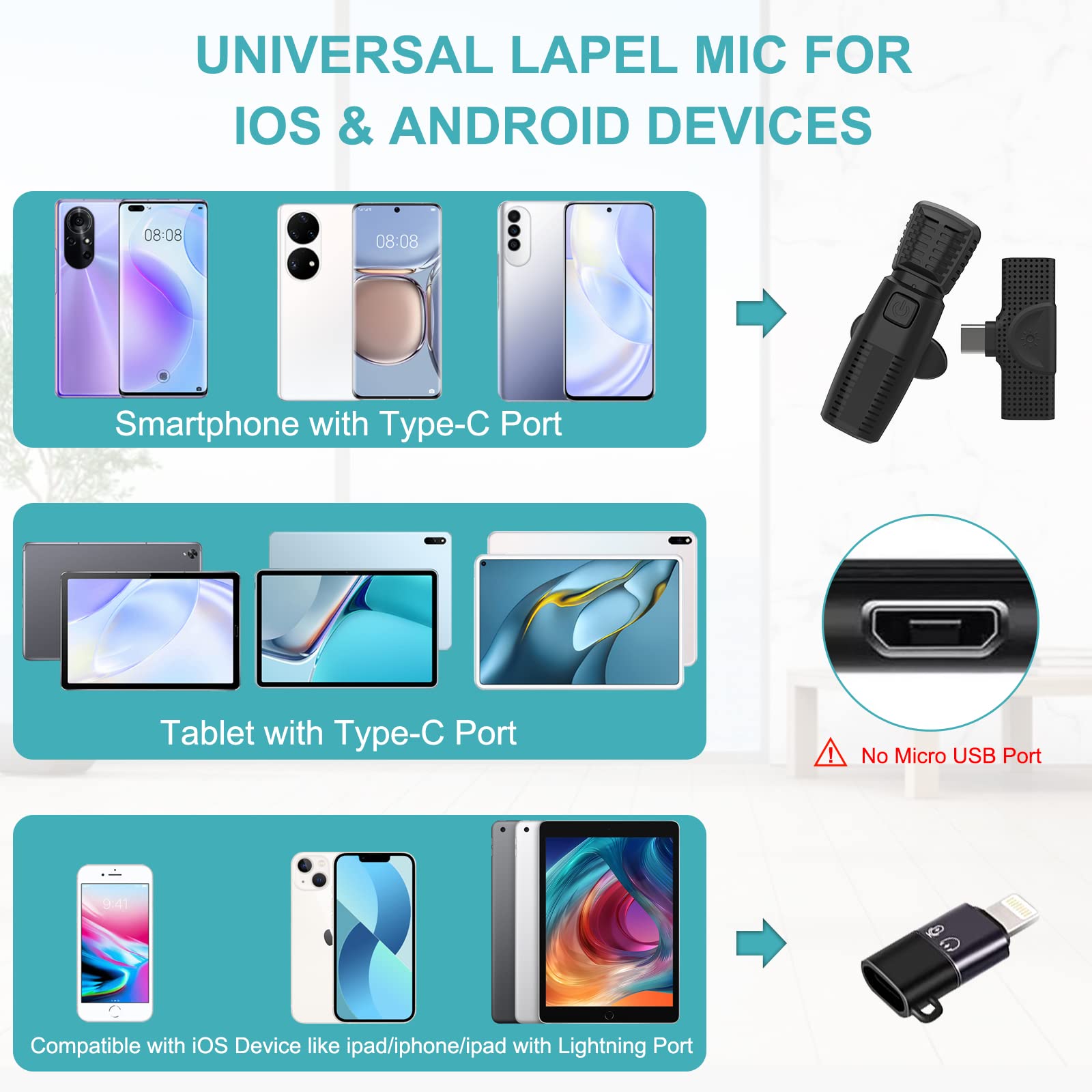 HUHD Wireless Lavalier Microphone Compatible with iPhone iPad Android Devices, Plug and Play Wireless Recording Microphone for TikTok Vlog YouTube, Noise Reduction, No App or Bluetooth Needed