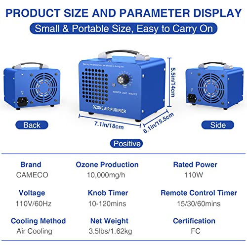 CAMECO Ozone Generator 10,000mg/h, Remote Control Portable O3 Ozone Machine, Commercial Small Ionizer for Home, Office, Basement, Garage, Cars, Pets, Smoke