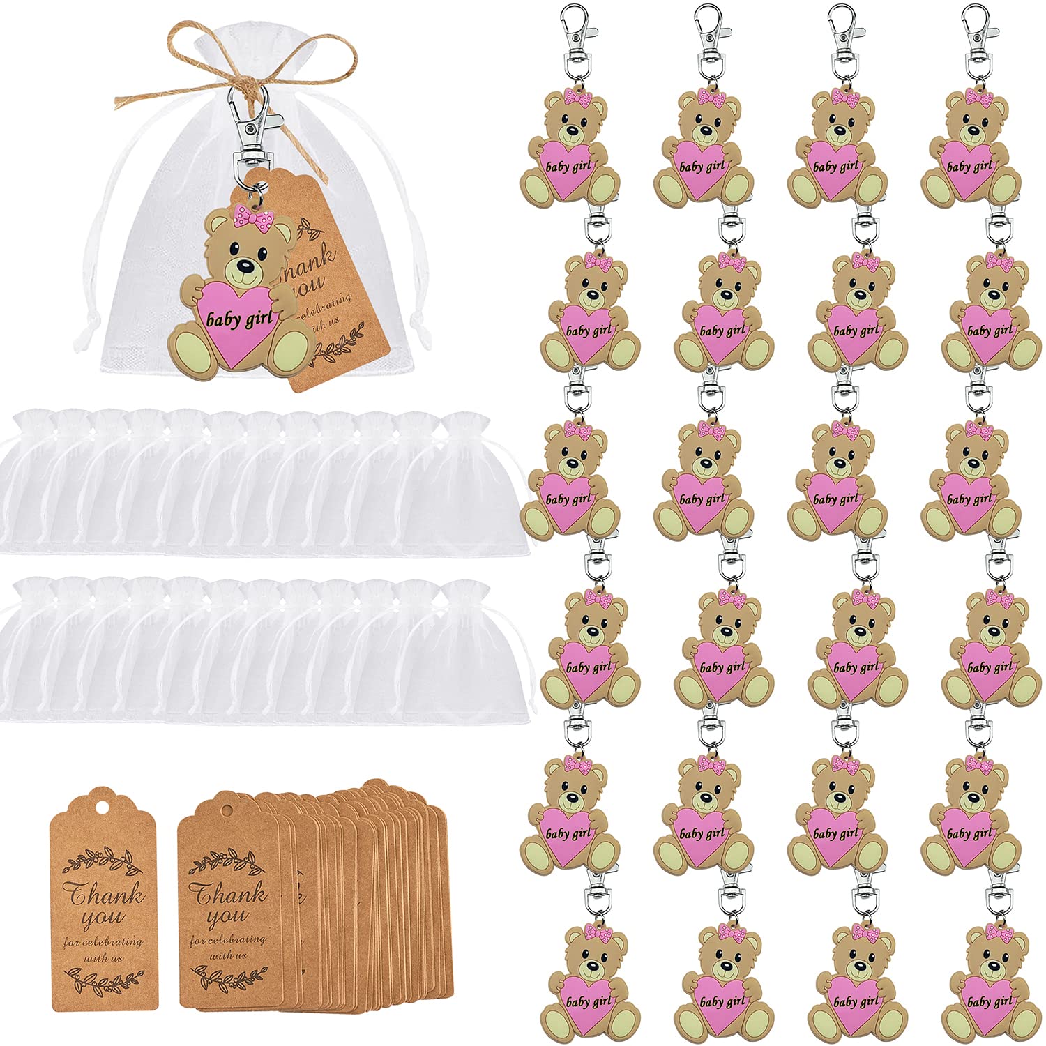 HIPVVILD Teddy Bear Baby Shower Favors Decorations for Boy - Bear Keychains + Thank You Kraft Tags + Organza Bags + 10 Meters Rope, Bear Theme Return Favors, Teddy Bear Party Supplies | 24 Set