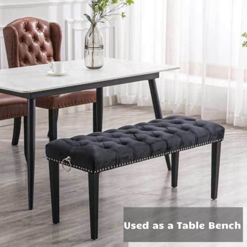 HEAH-YO Modern Velvet Tufted Bench, 18" Seat Height Upholstered Ottoman Dining Bench with Pull Rings, Nailhead Trim Footstool for Entryway Bedroom Kitchen Dining Table, Black