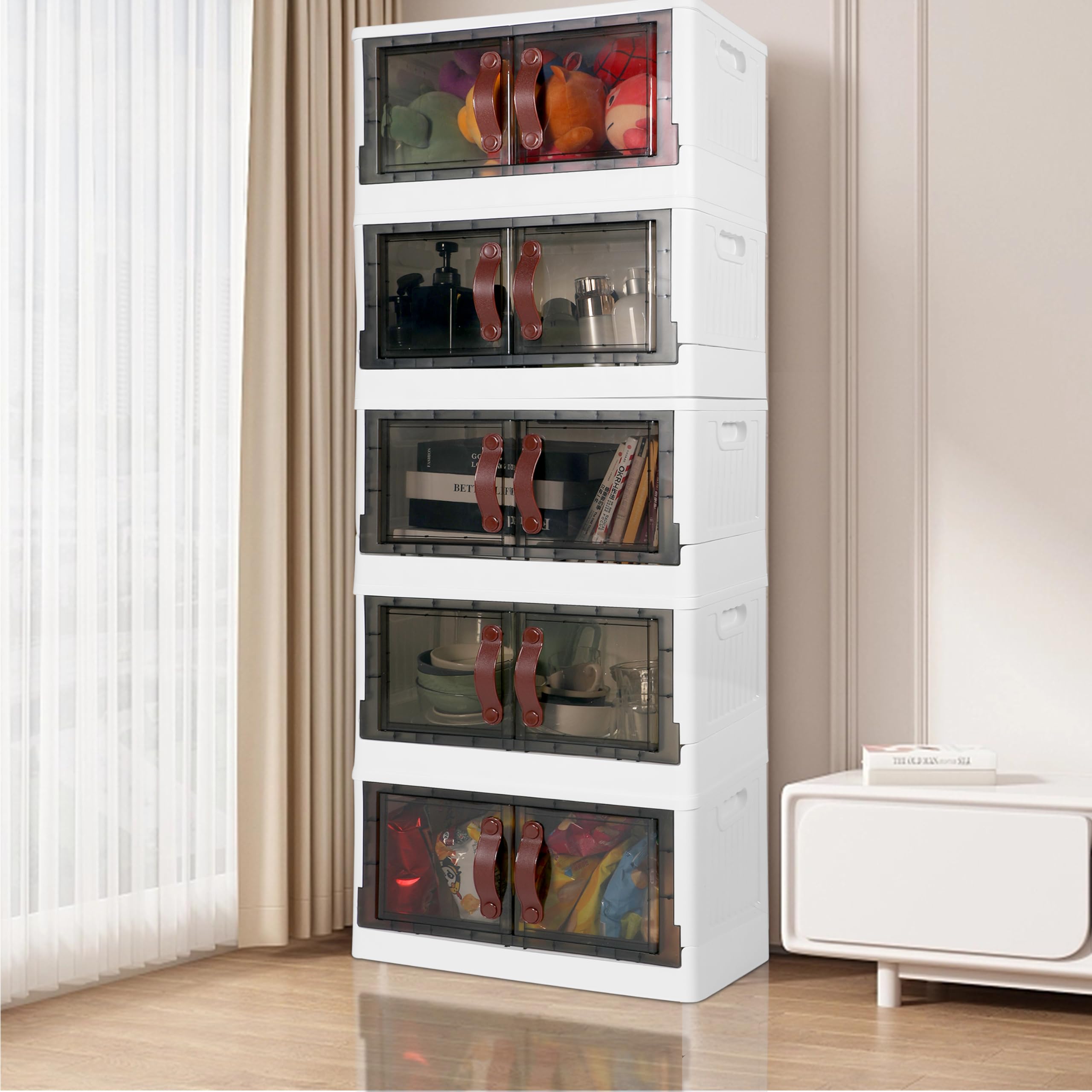 YSSOA Plastic Storage Bins with Lids, 50Gal-5 Tiers, White-Clear Brown Door