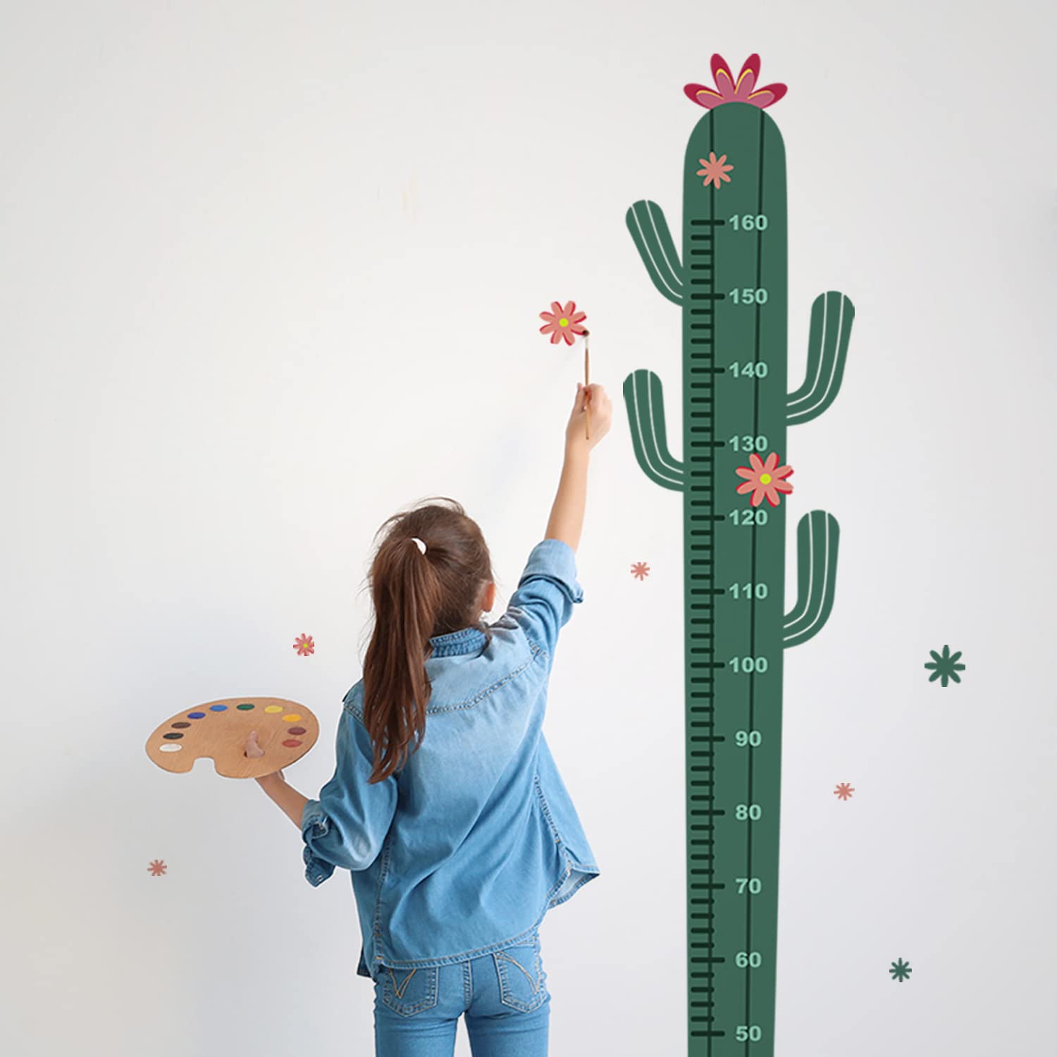 Cactus Growth Chart Wall Decals Height Measure Botanical Wall Stickers for Kids Bedroom Nursery Room Classroom