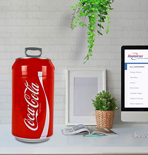 Coca-Cola 8 Can Portable Mini Fridge w/ 12V DC and 110V AC Cords, 5.4L (5.7 qt) Can Shaped Personal Cooler, Red, Travel Fridge for Drinks, Snacks, Lunch, Home, Office, Dorm Room, RV