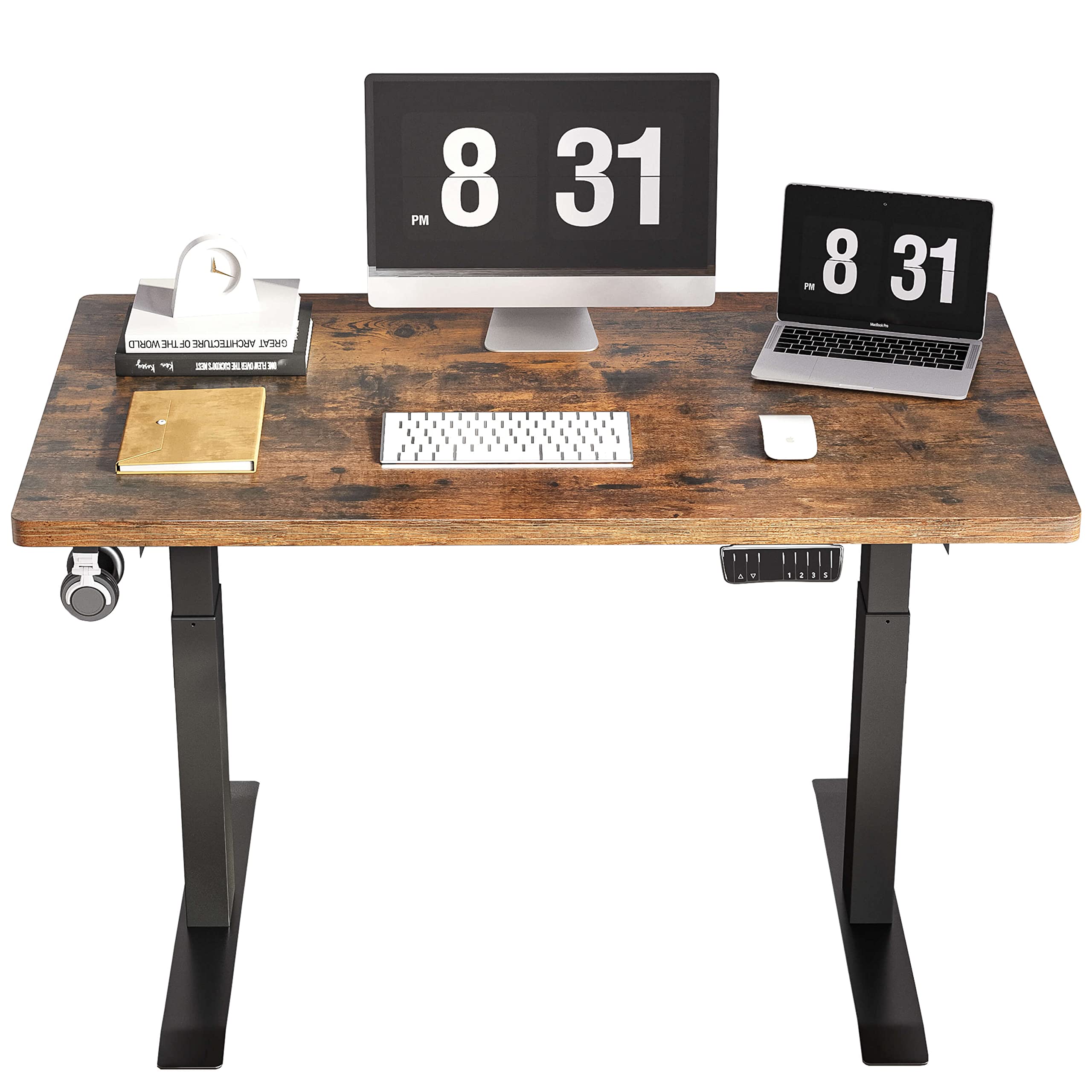 IYEE NATURE Electric Standing Desk, Dual Motor Adjustable Height Desk, 55 x 27.5 Inches Stand up Desk, Home Office Desk, Sit Stand Desk with Splice Board/Black Frame/White Top