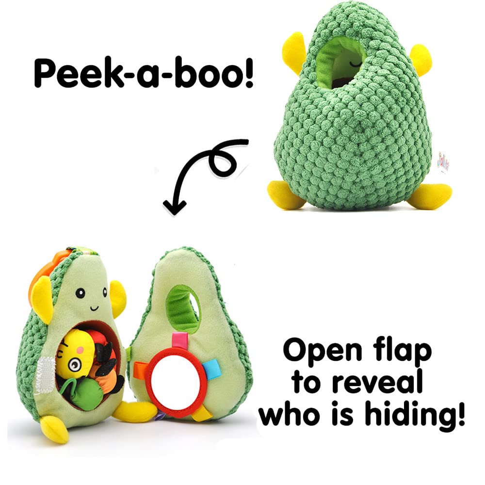 Avocado Stroller Toy with Peekaboo Caterpillar and Mirror, Soft Hanging Rattle & Crinkle Set, Sensory Plush Rattle Toy, Caterpillar Eating Avocado