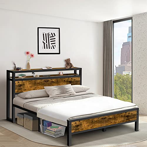 Codesfir Full Size Bed Frame Industrial Platform Bed with Charging Station 2-Tier Storage Headboard and Strong Support Legs, Noise-Free, No Box Spring Needed, Vintage Brown