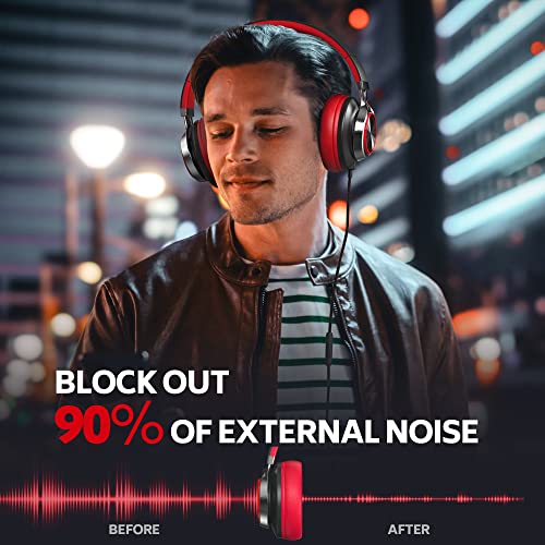 COOSII AC01 Headphones Wired Noise Isolating Over Ear Corded Stereo Headsets with Microphone Volume Control for Adults Teens 3.5mm for Cellphones, Tablets, Laptop, Chromebook (Black Red)