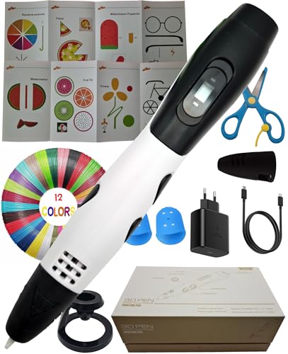CAELLUMA - 3D Pen for Children for PLA and ABS Filament - 3D Pen for Children with 3D Pen + 12 PLA Colours + Scissors + Thimbles + USB 2 m + Plug + Notebook + Protector (White)