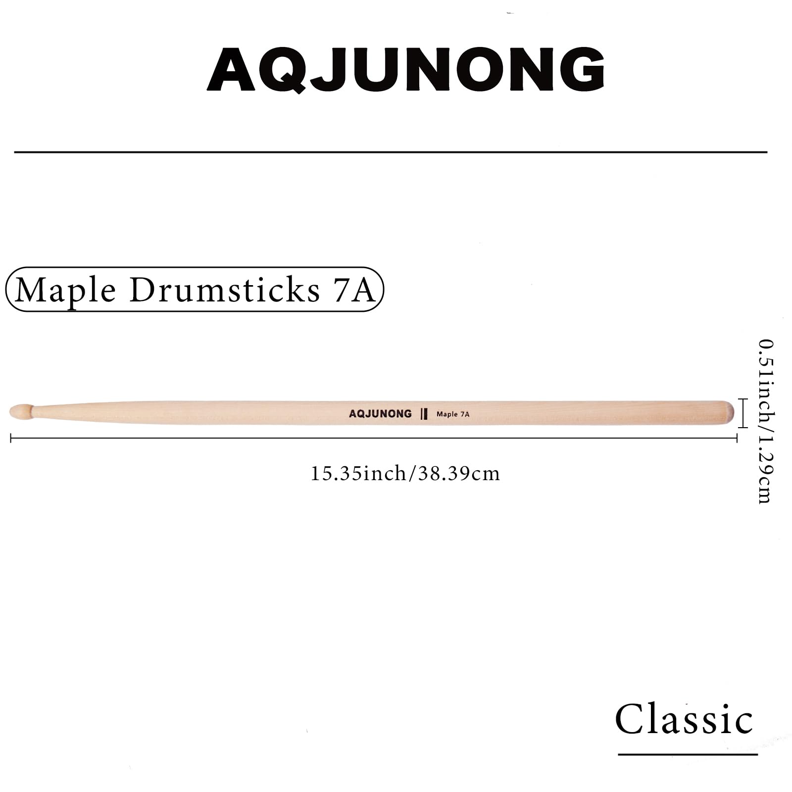 AQJUNONG Drum Sticks,7A Drumsticks, 12 Pairs Classic Maple Wood Tip Drum Sticks for Kids and Adults, Professional Musical Instrument Percussion Accessories