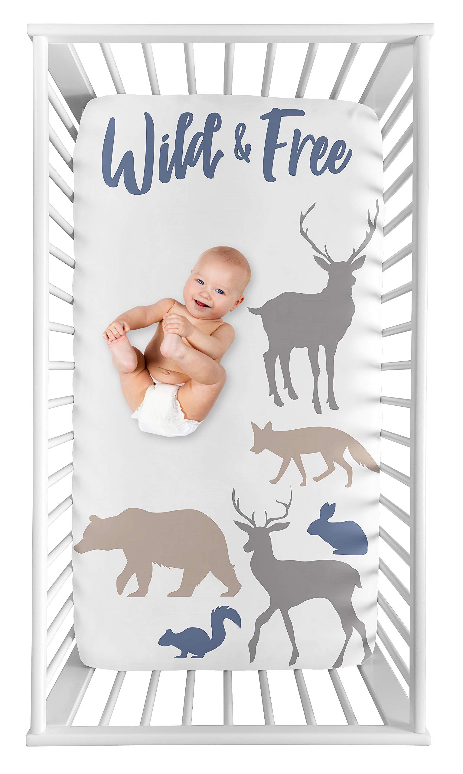 Sweet Jojo Designs Woodland Animals Boy Fitted Crib Sheet Baby or Toddler Bed Nursery Photo Op - Blue, Grey and Tan Wild and Free Bear Deer Fox