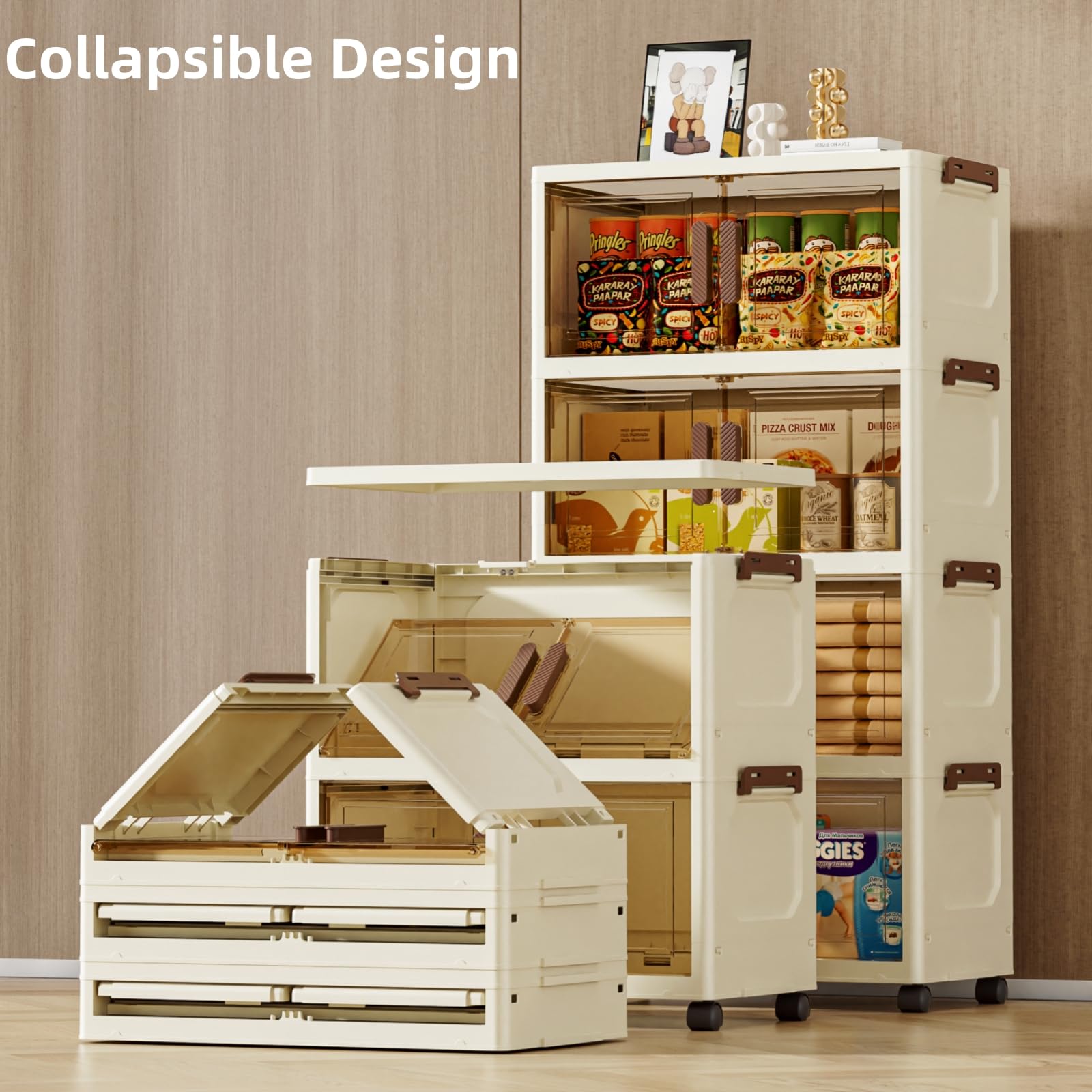 Collapsible Storage Bins with Lids - Closet Organizers and Storage, 15.4"x10.0"x26.4" Small Stackable Storage Bins Open Front Door, Magnetic Foldable Storage Box for Home Organizer 3 Tiers 72Qt