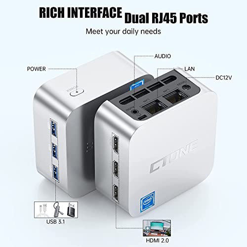 CTONE Mini PC Intel 12th N95(Up to 3.4GHz) 8GB RAM 256GB M.2 2242 NGFF with Windows 11 Pro Small Portable Compact Mini Computers Support Triple Screen Display 4K@60Hz/2*RJ45/Dual-WiFi/BT 4.2