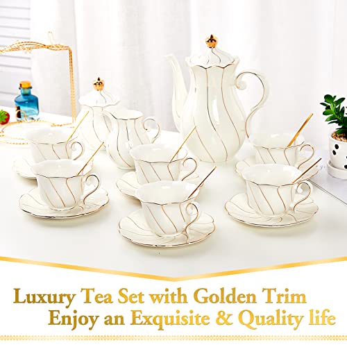 DUJUST 22 pcs White Porcelain Tea Set for 6, Luxury British Style Tea/Coffee Cup Set with Golden Trim, Beautiful Tea Set for Women, Tea Party Set, Gift Package (Including a Stand) - White