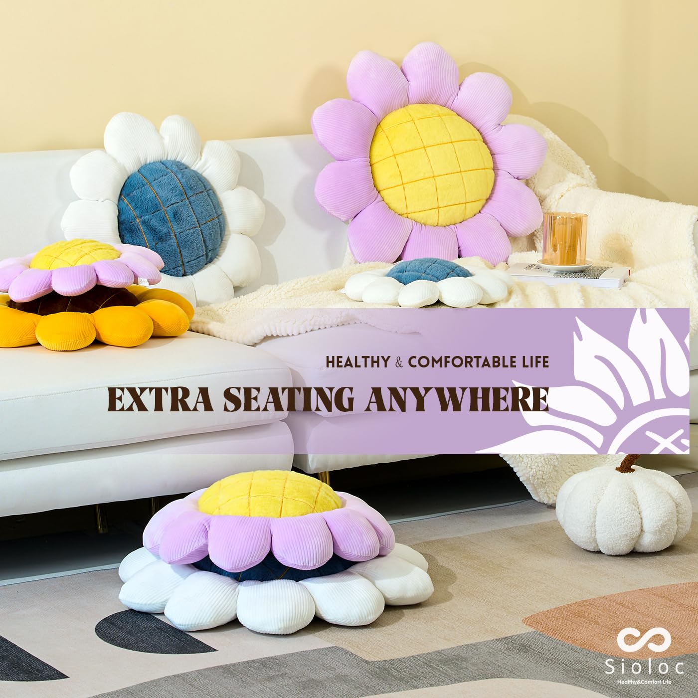 Sioloc Sunflower Throw Pillow,Flower Shaped Pillows Floor Pillow Seating Cushion,Seating Cushion,Cute Room Decor & Plush Pillow for Bedroom Sofa Chair(Purple, 15.7")