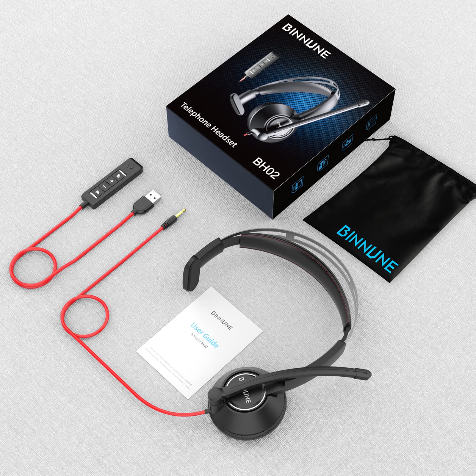 BINNUNE USB Headset with Microphone for PC Computer Laptop Cell Phone, Wired Headphones with Noise Cancelling Mic for Teams Zoom Call Center Office Work from Home