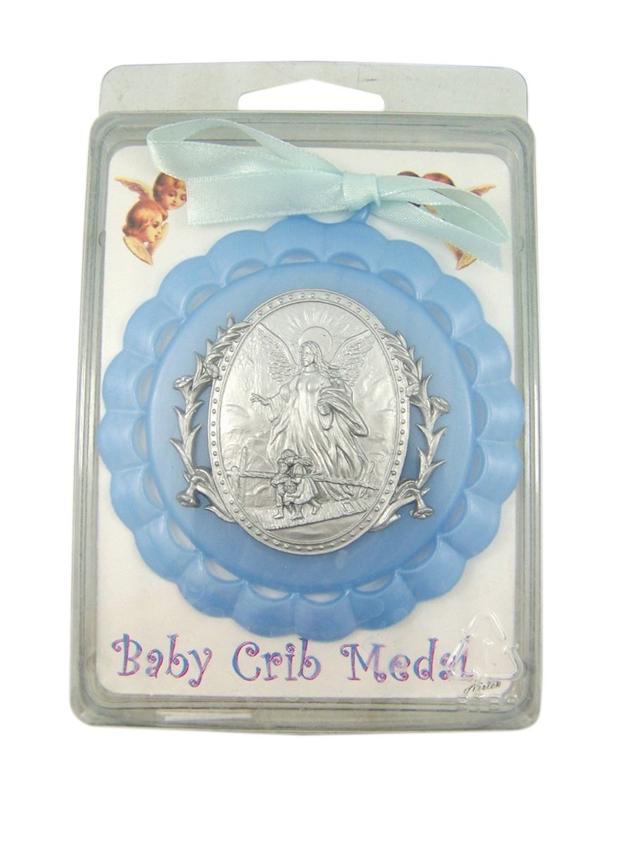 Moulded Acrylic Blue Crib Medal with Guardian Angel for Baby Boy Nursery Decor, 3 1/2 Inch