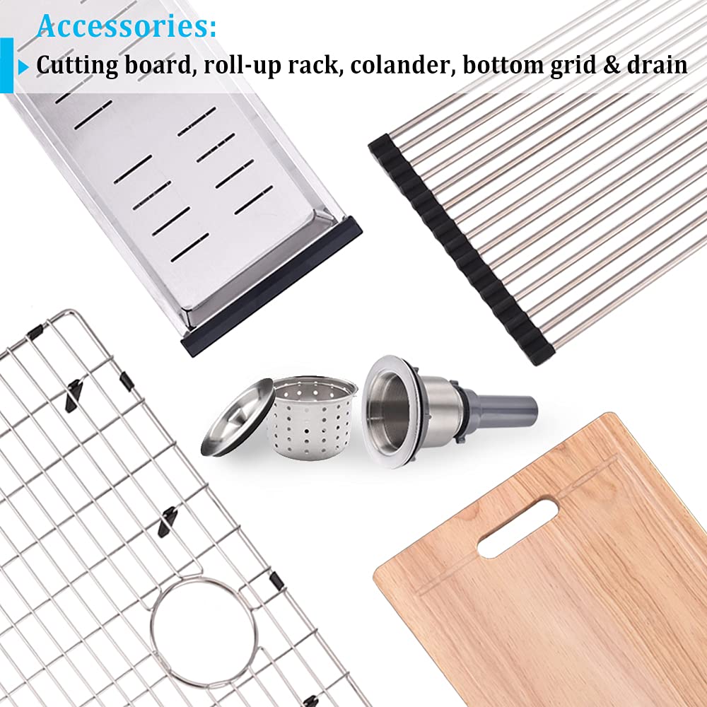 BoomHoze 33-inch Kitchen Sinks, 33x22 Drop In Kitchen Sink 304 Stainless Steel Sink Single Bowl Top Mount Workstation Kitchen Sink 16 Gauge Handmade Deep Kitchen Sink with Cutting Board