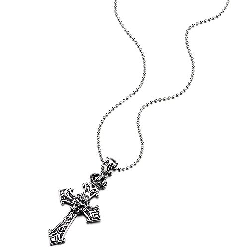 COOLSTEELANDBEYOND Stainless Steel Vintage Crown Lion Head Cross Pendant Necklace for Men Women, 30 inches Ball Chain