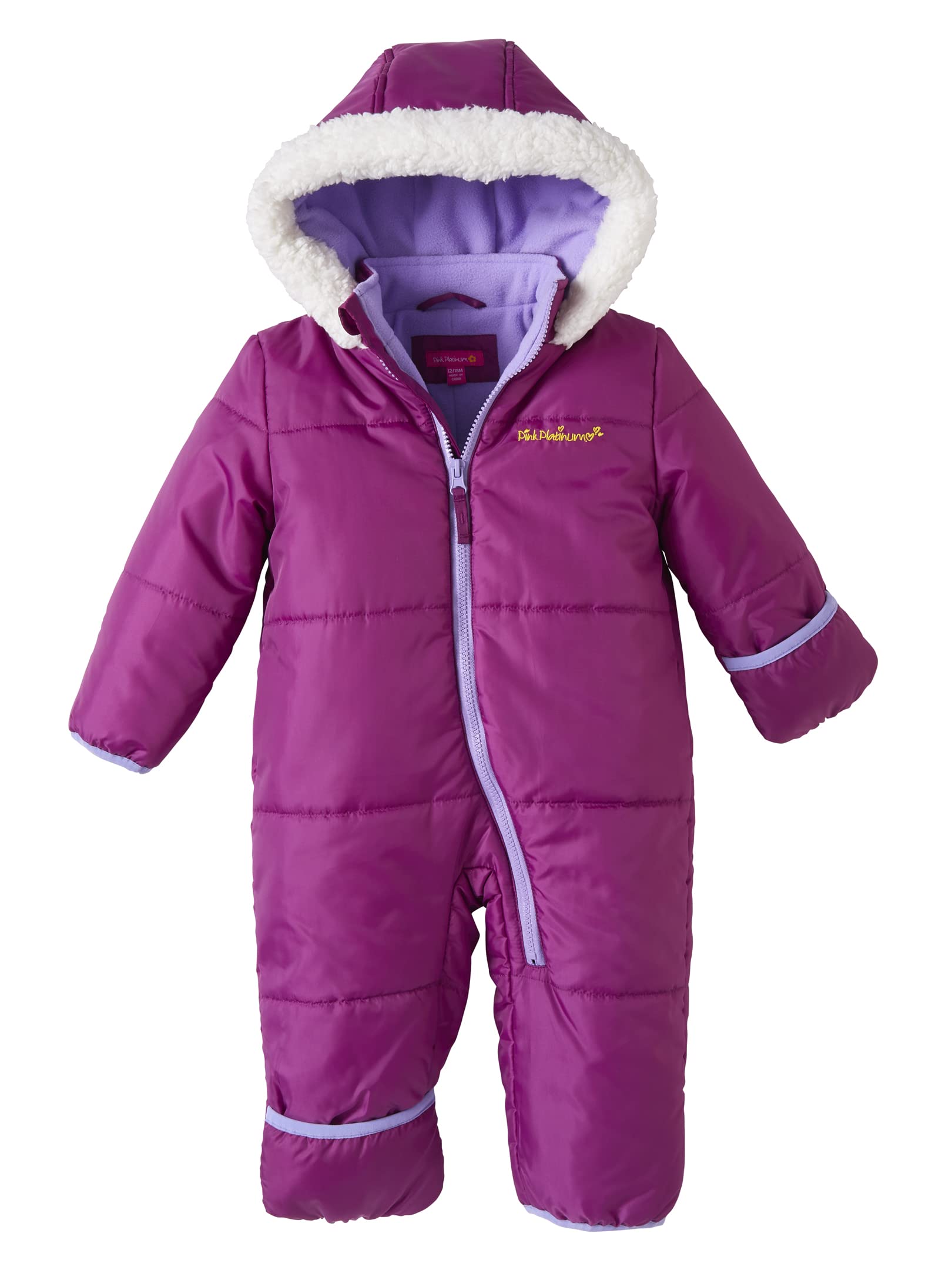 Pink Platinum Baby Girls' One-Piece Puffer Winter Snowsuit with Hood (Newborn & Infant), Size 18/24M, Plum