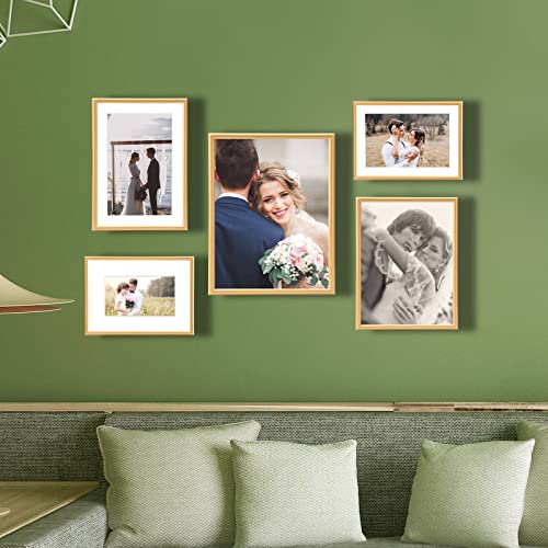 Fkvat 4x6 Picture Frame Set of 4, Matted Gold Simple Modern Thin Aluminum Metal Photo Frame Fits 3x5 with Mat or 4x6 without Mat Photo. Display for Tabletop or Wall Collage. (Horizontal & Vertical). with White and Black Mats.