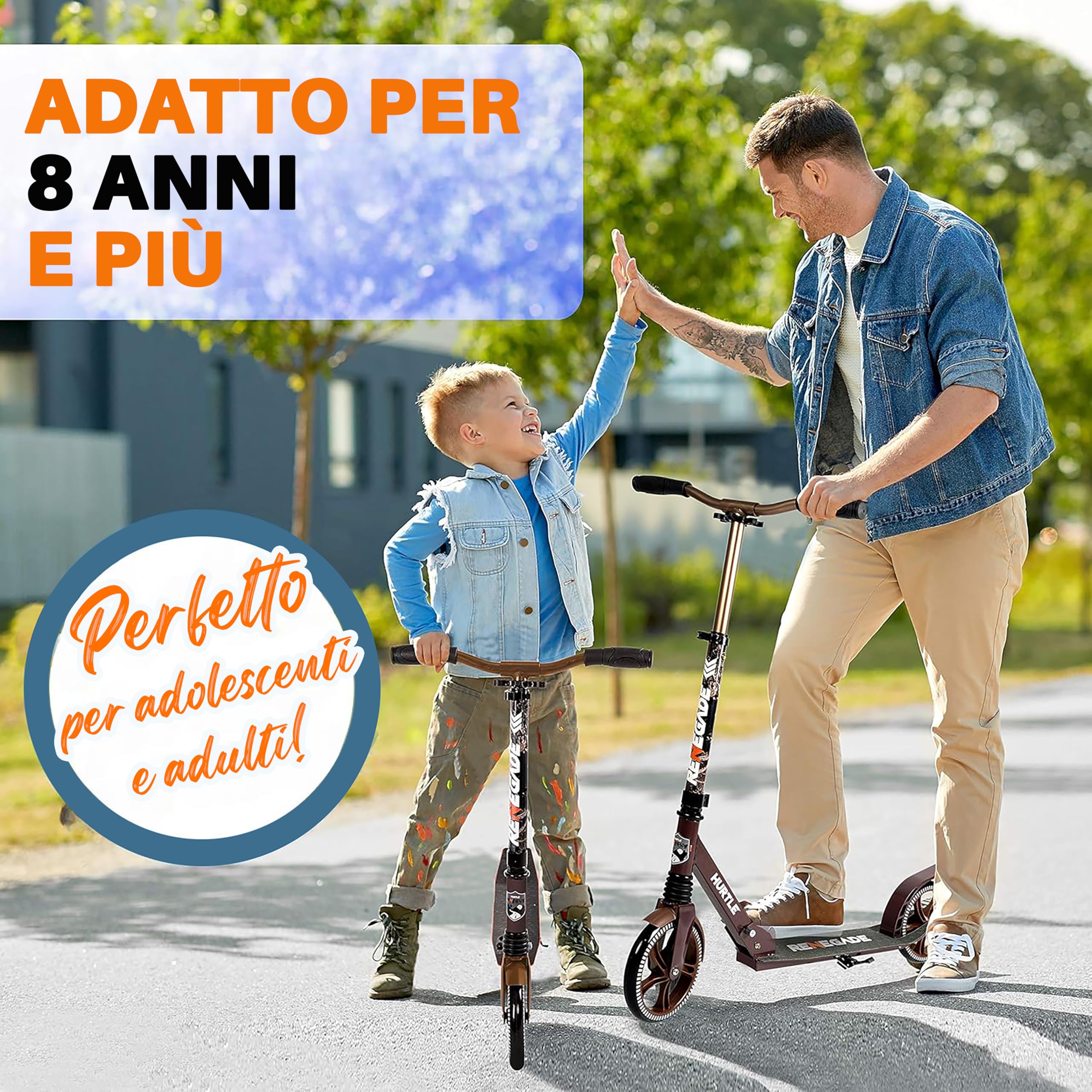 Hurtle Renegade Kick Scooters for Kids Teenagers Adults- 2 Wheel Kids Scooter with Adjustable T-Bar Handlebar - Alloy Anti-Slip Deck - Portable Folding Scooters for Kids with Carrying Strap