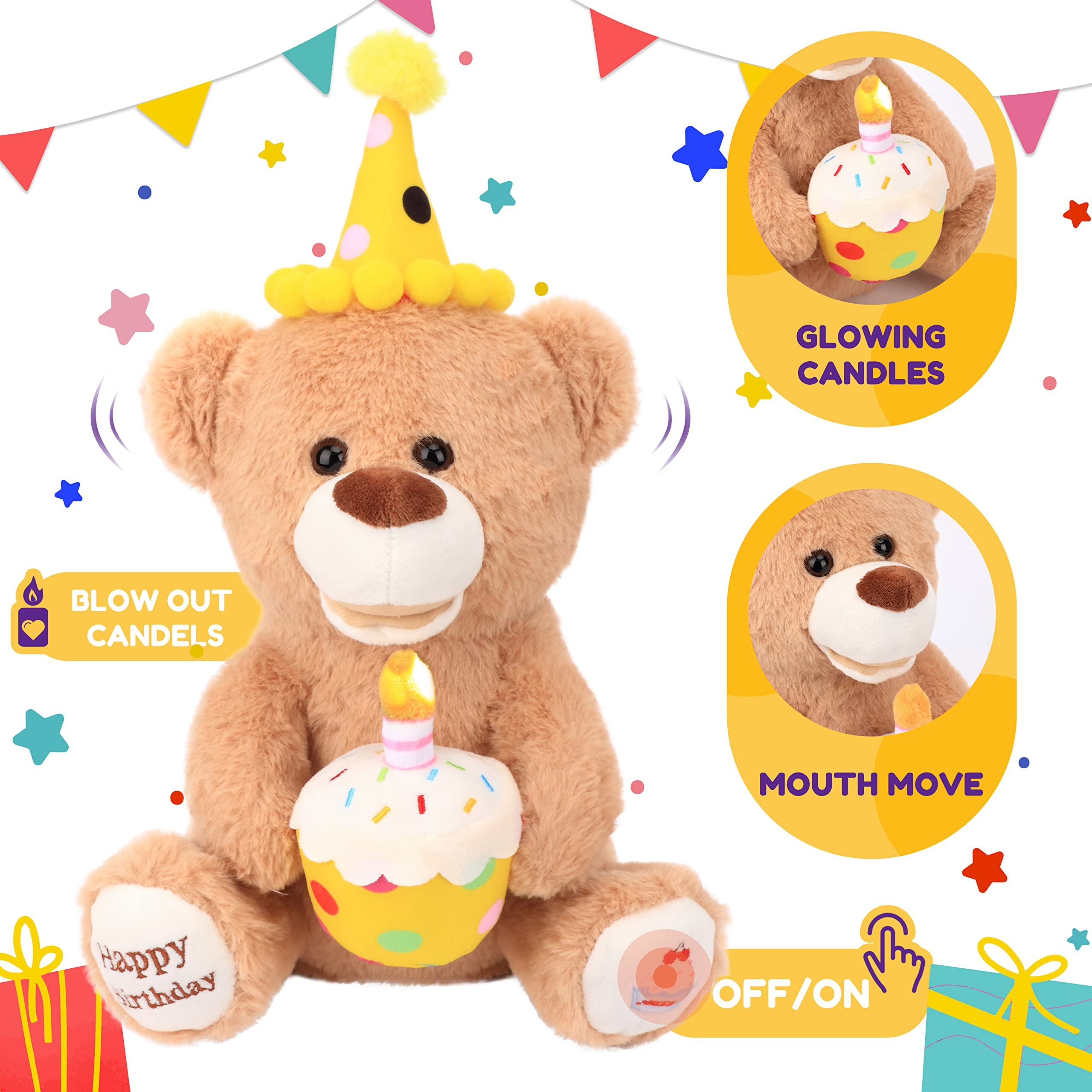 Hopearl Adorable Happy Birthday Teddy Bear with Glowing Cupcake Musical Stuffed Animal Bear Singing and Shaking Plush Toy Interactive Animated Kids Gifts, Brown, 15ββ
