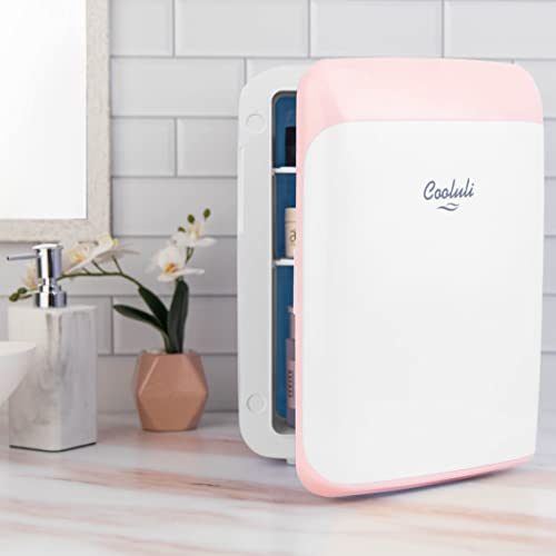 Cooluli 15L Mini Fridge for Bedroom - Car, Office Desk & College Dorm Room - 12V Portable Cooler & Warmer for Food, Drinks, Skin Care, Beauty, Makeup & Cosmetics - AC/DC Small Refrigerator (Pink)