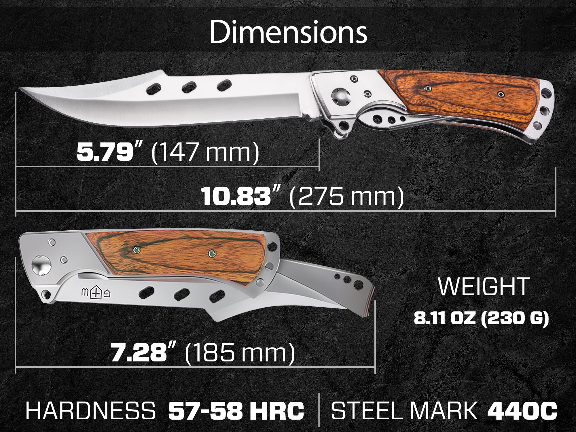 Bundle of 2 items - Grand Way Hunting Folding Knife with Rosewood Handle - Black Pocket Knife - Serrated Sharp 3,5" Blade Folding Knives - EDC Pocket Knife - Foldable Long Blade- Birthday Gifts