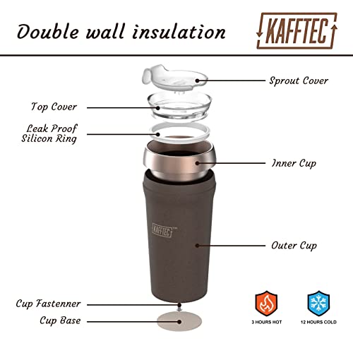 Coffee Tumbler Travel Coffee Mug 16oz, KAFFTEC Stainless Steel Inner Coffee Grounds Material Outer, Coffee Mug Suitable for Hot/Ice Coffee, Beer and Tea (1 Pack)