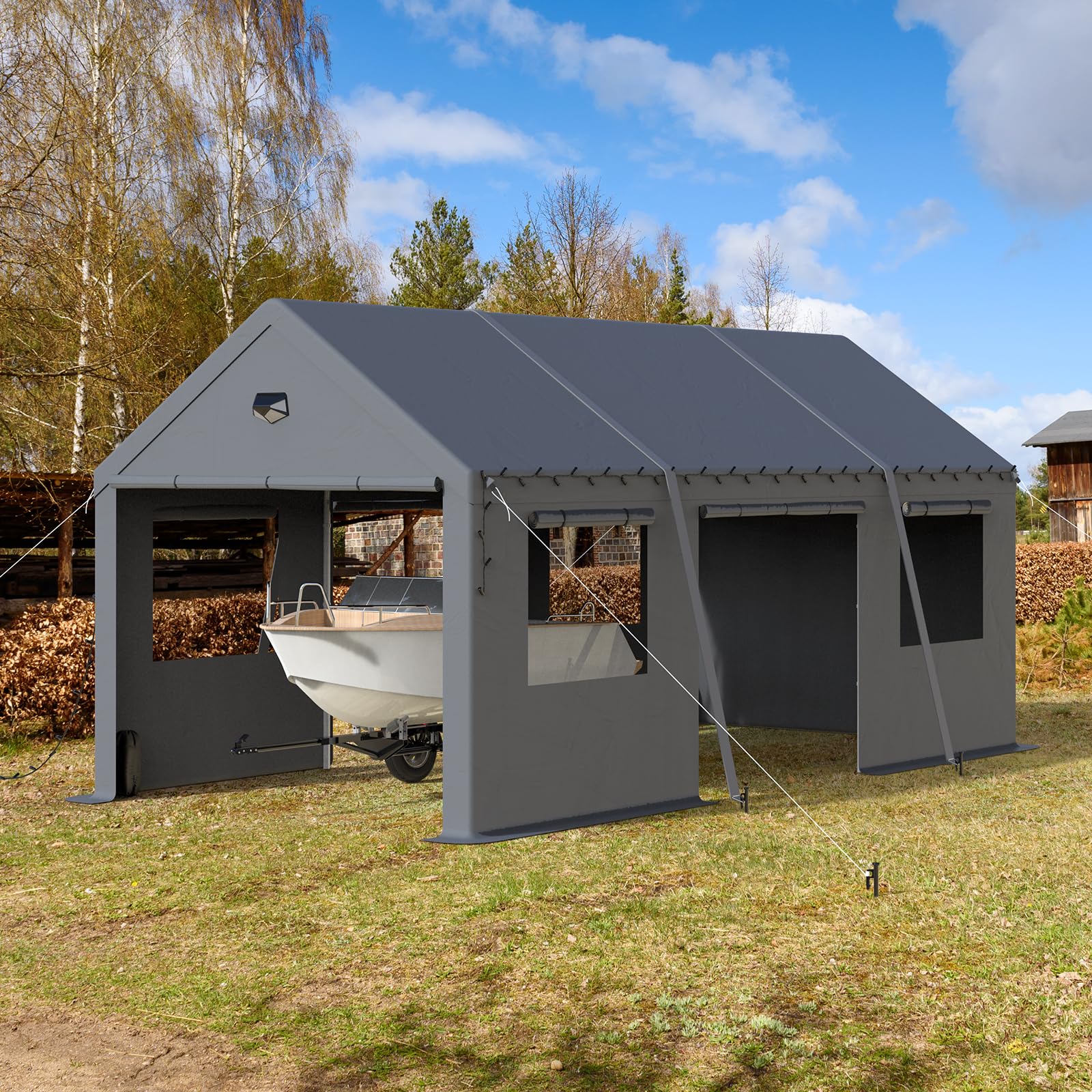 Benass 10x16 Carport, Heavy Duty Car Port, Portable Garage Carports Canopy with Roll Up Doors & Windows and Removable Sidewalls, White