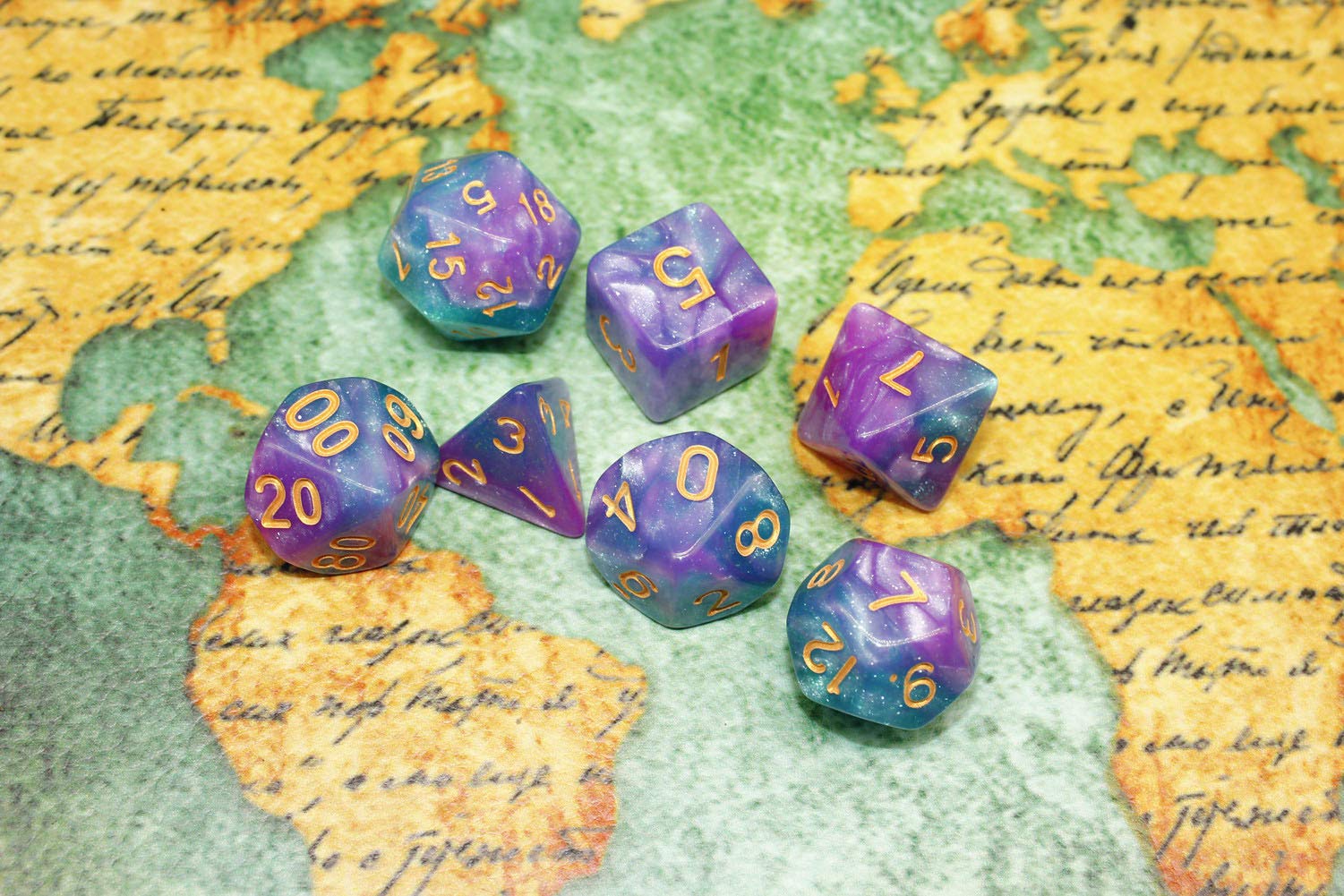 DND Dice Polyhedral 7-Die Dice Set for D&D Dungeons & Dragons Role Playing Gaming Night Sky dice with Glitter Purple Green…