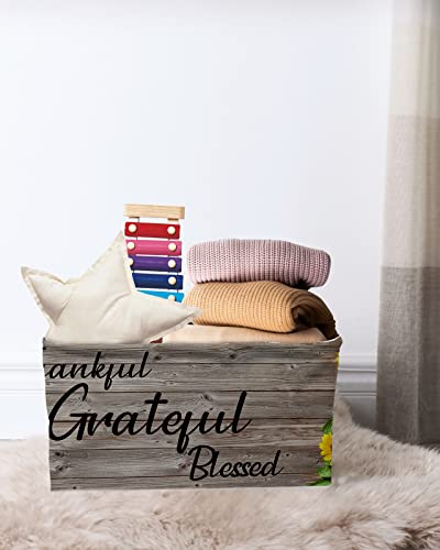 Cube Storage Bins Cloth Towel Organizer Thankful Grateful Blessed Thanksgiving Sunflower Farmhouse Rustic Wooden Fabric Collapsible Storage Baskets with Handles 1 Pack