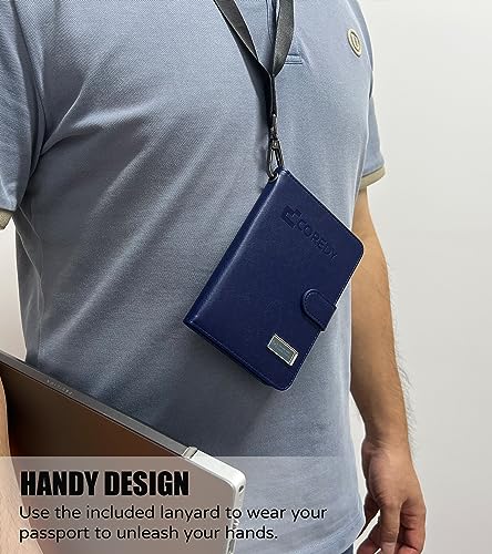Coredy Passport Holder and Bluetooth Tracker Combo, Travel Must Haves Passport Cover Finder, Works with Apple Find My (iOS Only), RFID Blocking, Slim Travel Accessories Passport Wallet, Blue