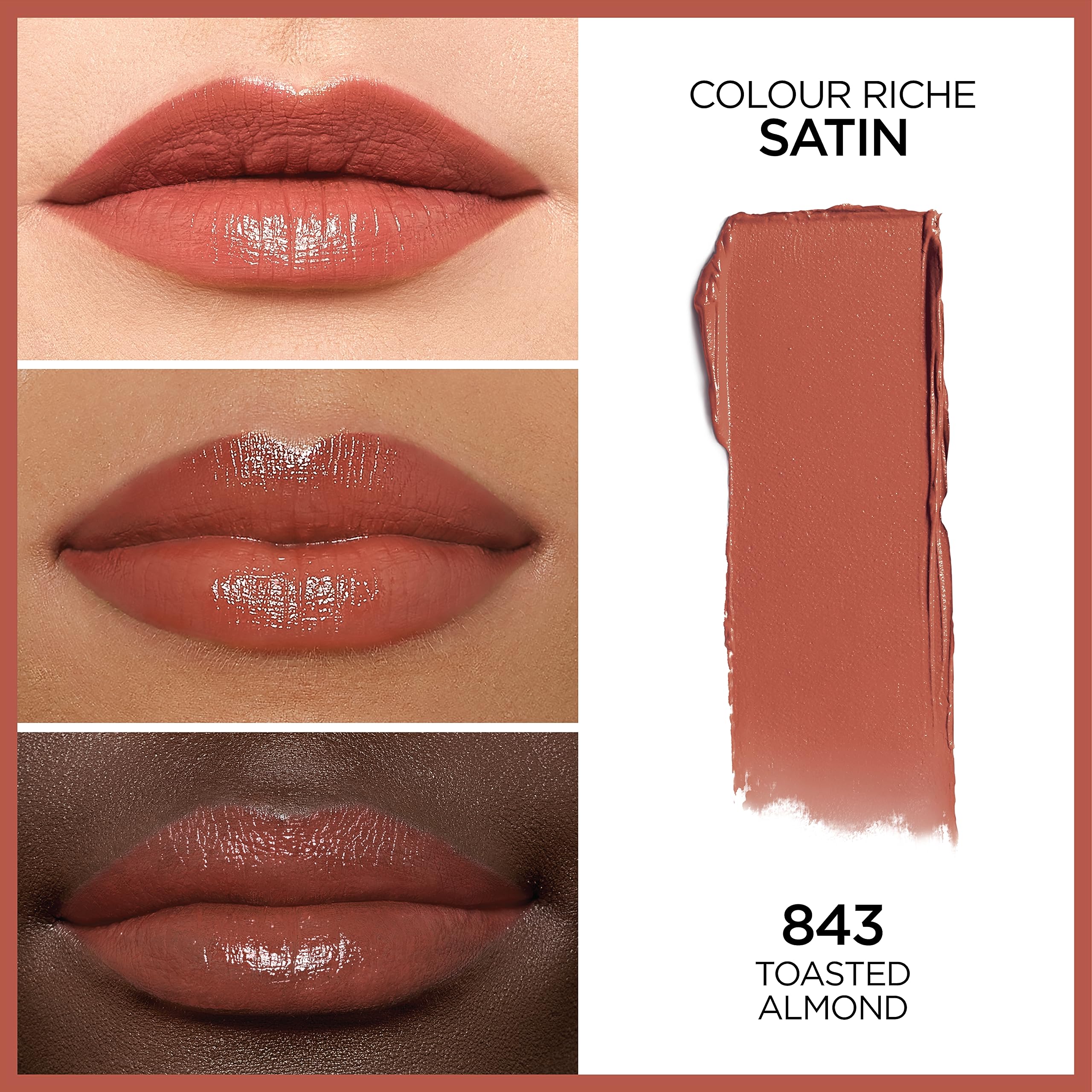 L'Oreal Paris Makeup Colour Riche Original Creamy, Hydrating Satin Lipstick, 843 Toasted Almond, 1 Count
