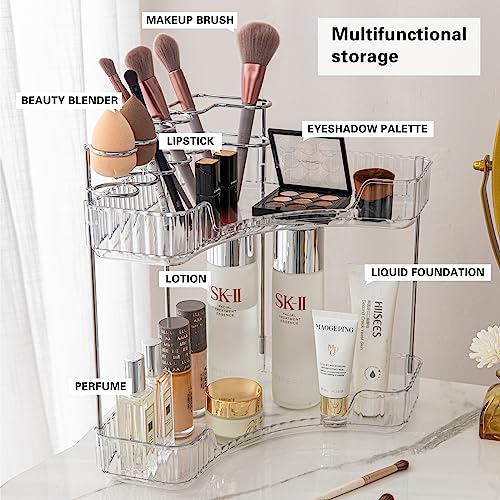 CICUFY 2-Tier Acrylic Corner Makeup Organizer Stylish Counter Organizer for Vanity and Bathroom Countertop - White Clear
