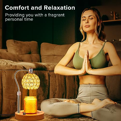 Candle Warmer Lamp with Timer 2H/4H/6H, Height & Heat Adjustable Lamp Candle Warmer, Electric Candle Warmer with Oak Base and 2 * 50W Bulbs, Wax Warmer for Scented Wax(Champagne)