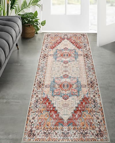 Comeet Washable Runner Rug - 2x6 Boho Hallway Runner Rug, Non-Slip Kitchen Bathroom Runner Rugs, Long Vintage Accent Area Rug for Entryway Laundry Bedroom Orange/Blue